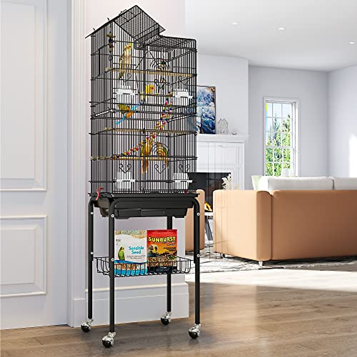 YITAHOME 62 inch Metal Bird Cage, Large Parakeet Cages for Parrot, Cockatiel, Lovebird, Pigeon with Roof Top, Rolling Stand and Hanging Toys