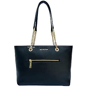 Michael Kors Jet Set Medium Front Pocket Chain Top Zip Tote Black Pebbled Leather