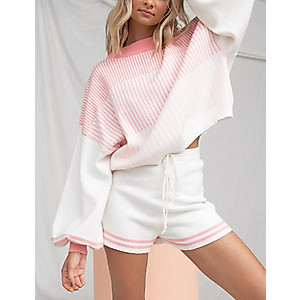 Arssm 2 Piece Sets for Women Casual Knitted Striped Crewneck Pullover Long Sleeve Sweater Shorts Lounge Outfits (White-XL)