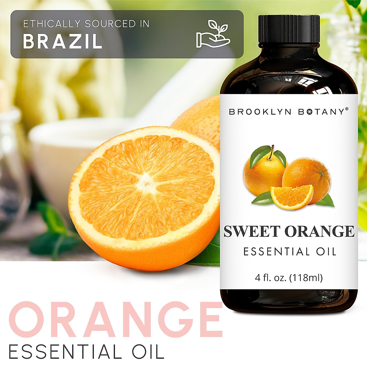 Brooklyn Botany Sweet Orange Essential Oil - Huge 4 Fl Oz - 100% Pure and Natural - Premium Grade with Dropper - for Aromatherapy and Diffuser