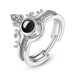 I Love You Ring 100 Languages Custom Name and Photo Projection Ring in 925 Sterling Silver Rose Gold—Crown Shaped Personalized for Women Mother Lover