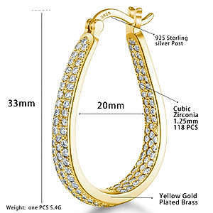 925 Sterling Silver Post Hoop Earrings for Women Gilrs Black Cubic Zirconia 14K Gold Plated Oval Chunky Gold Hoop Earrings weinuo Jewelry