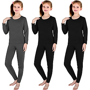 3 Set Girls Thermal Underwear Soft Long Underwear Winter Thermal Top and Bottom with Fleece Lined Base Layer for Girls (2 in Black, 1 in Grey, Medium)
