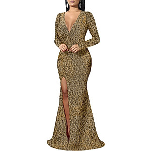 Women's Sexy Long Sleeve Sparkly Maxi Dress V Neck High Slit Wrap Formal Gown Cocktail Glitter Maxi Long Dresses Gold