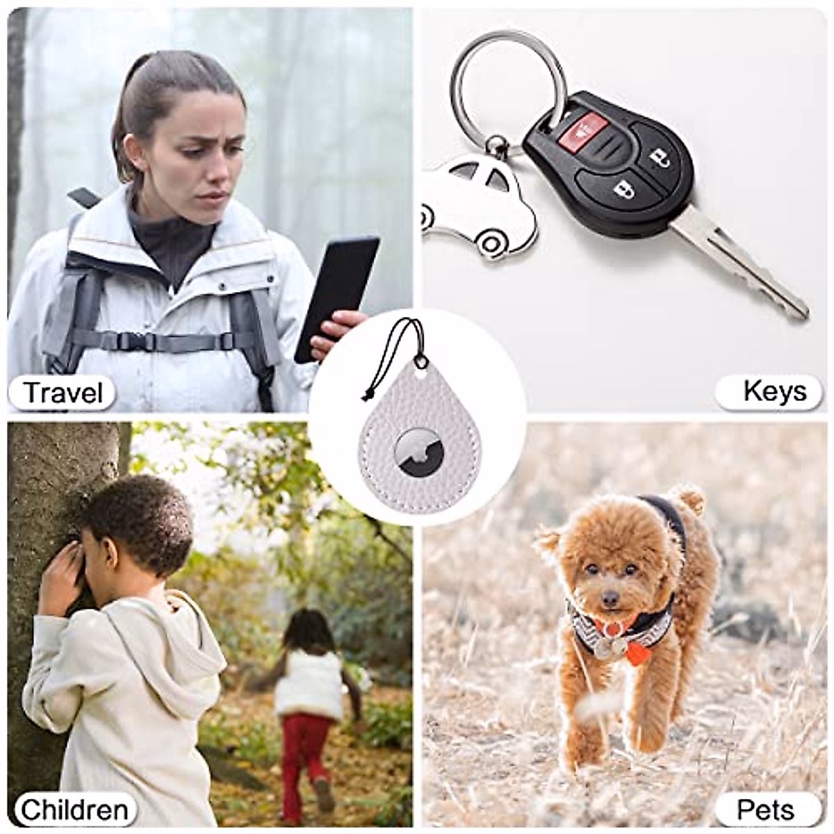 FOREVERFLYBIRD 2 Pack Airtag Holder Leather Case Air Tag Cover Keychain GPS Tracker Remote Finder Key Travel Backpack Pet Locator L Grey