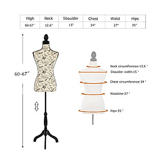 Female Body Model Torso 60-67Inch Height Adjustable, Woman Body Torso Clothing Display Manikin with Tripod Stand for Sewing Dress Jewelry Market Shop Display… (Printing)
