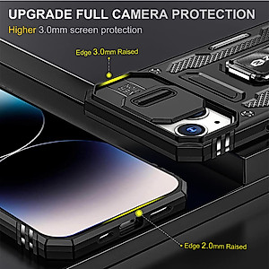 ZenRich Rugged Case for iPhone 14 Max with Tempered Glass Screen Protector, Slide Camera Cover & Kickstand, Military Grade Drop Proof Protective Case Compatitable with Magnetic Holder, Black