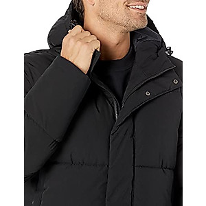 Amazon Essentials Men's Recycled Polyester Mid-Length Hooded Puffer (Available in Big & Tall), Black, Large