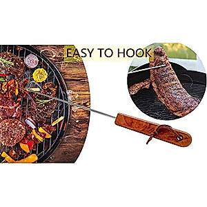 LQLMCOS Food Flipper Turner Hooks Stainless Steel BBQ Meat Hooks Cooking Barbecue Turners Hooks Grill Accessories with Wooden Handle for Grilling & Smoking (Style A-One Pack)