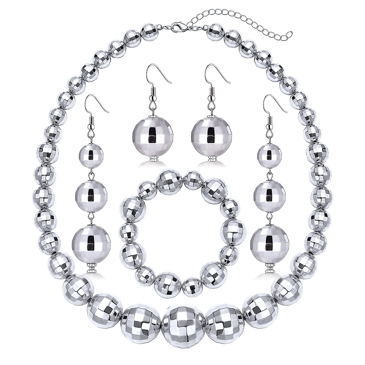 Disco Ball Earrings, Necklace & Bracelet Set - Gold & Silver Hook Dangle Earrings, Stretch Bracelet, Statement Necklace - Party Favor Gift (Silver Disco Ball Jewelry Set)