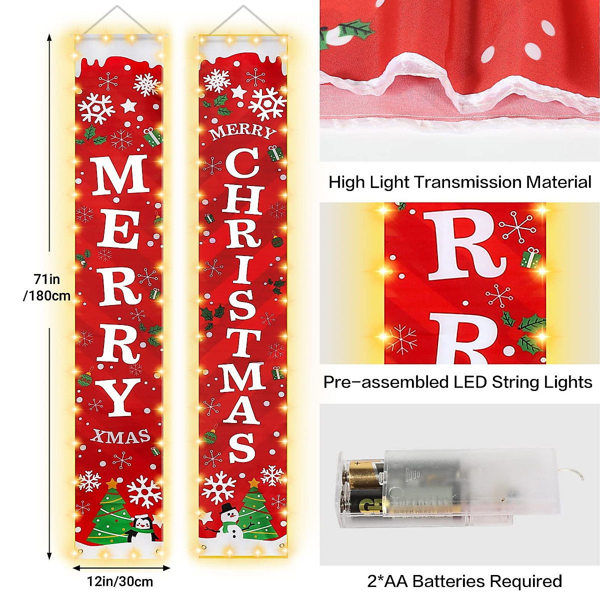 Christmas Decorations Banner with Lights, Pre-assembled Led Lights Merry Christmas Banner, Easy to Put up Christmas Door Banner & Christmas Wall Decor, Indoor and Outdoor Christmas Decorations