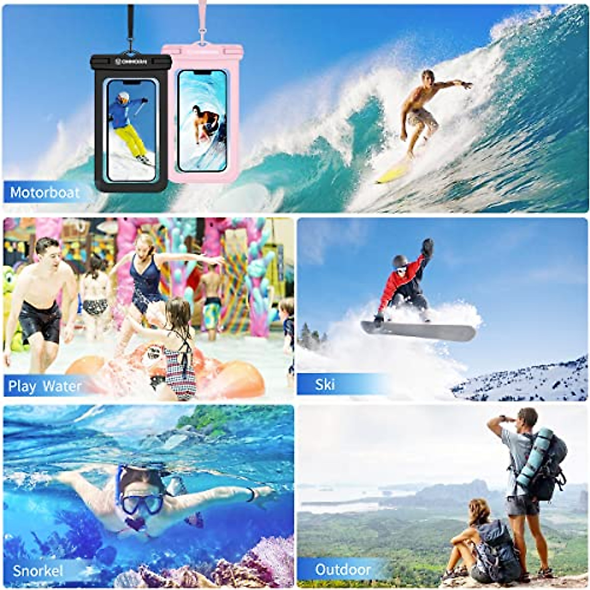 OMMOIRAI Lanyard Waterproof Phone Pouch For Beach, Universal Under Water Proof Case for Iphone 13 12 11 Pro Max Xs Xr X Se 8 7 6 6s Samsung Galaxy S9 S7 J7, Ipx8 Cell Phone Dry Bag (Black&Blue) 2 Pack