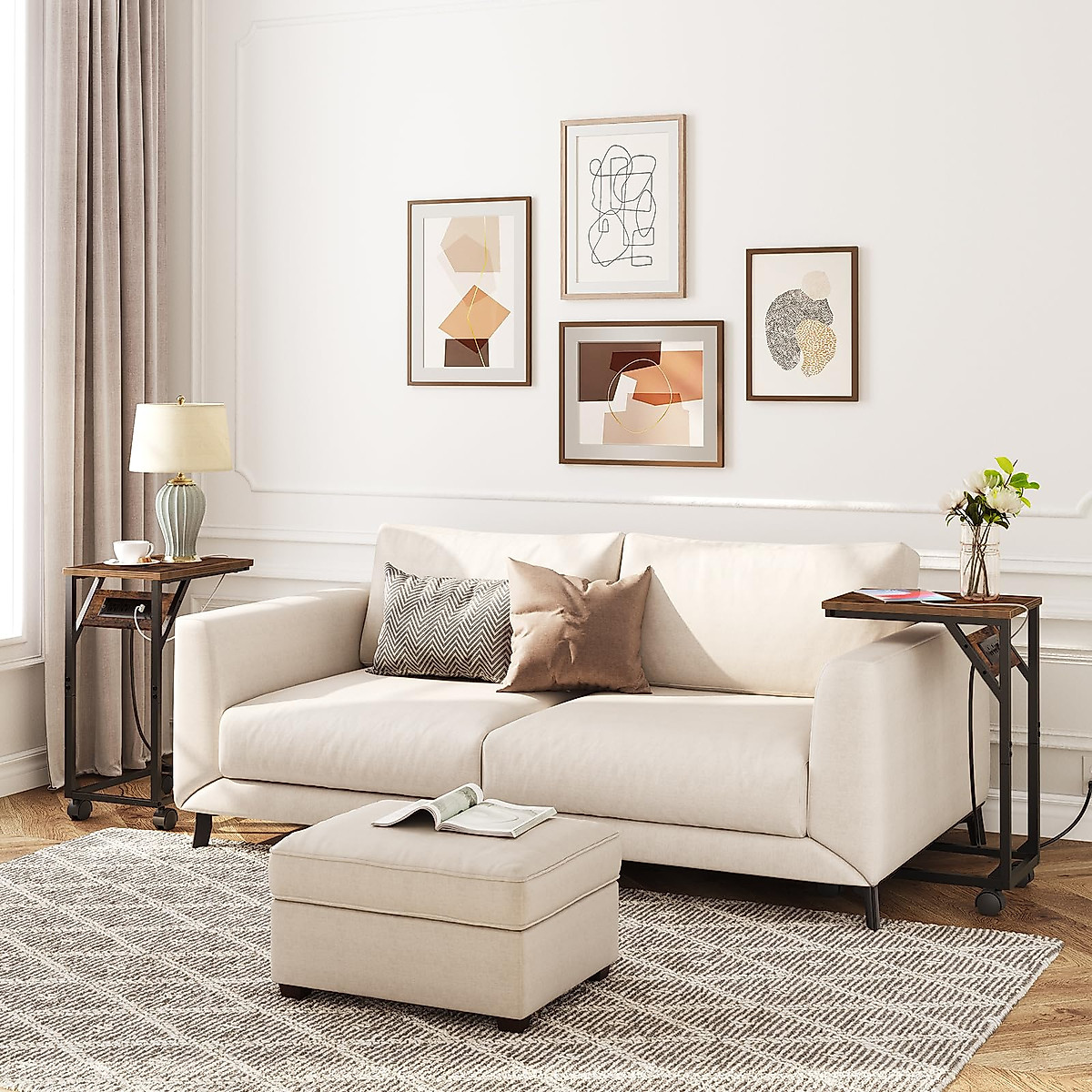 MAHANCRIS C Shaped End Table with Charging Station, Sofa Table with USB Ports and Outlets for Small Spaces, Small Side Table for Living Room, Bedroom, C Couch Table, Rustic Brown ETHR06E01