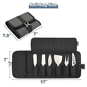 Beautyflier Cheese Knives Roll Bag, Mini Cheese Knife Set Roll Case - 6 Knife Slots and a Zipper Pocket, Canvas Chef Knife Roll Bag for Travel Party and Holiday Cheese Serving, Gray (Bag Only)