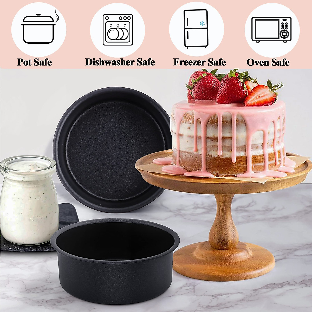 LIANYU 4 Inch Round Black Nonstick Cake Pan Set of 3, Stainless Steel, Ideal for Birthday Baking Wedding
