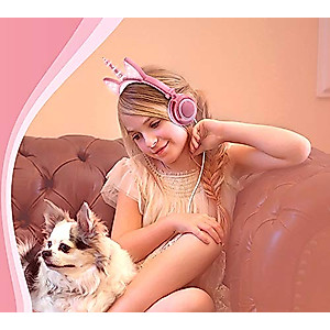 Olyre Cartoon Cute Headphones Wired 3.5mm Jack Light Up Flashing LED Unicorn Headphones Folding Adjustable On Ear Earphones for Women Girls Boys Children Kids Toddler School Birthday