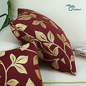 CaliTime Throw Pillow Covers Pack of 2 Cute Growing Leaves Cushion Cases Shells for Couch Sofa Home Decoration 18 X 18 Inches Burgundy/Gold