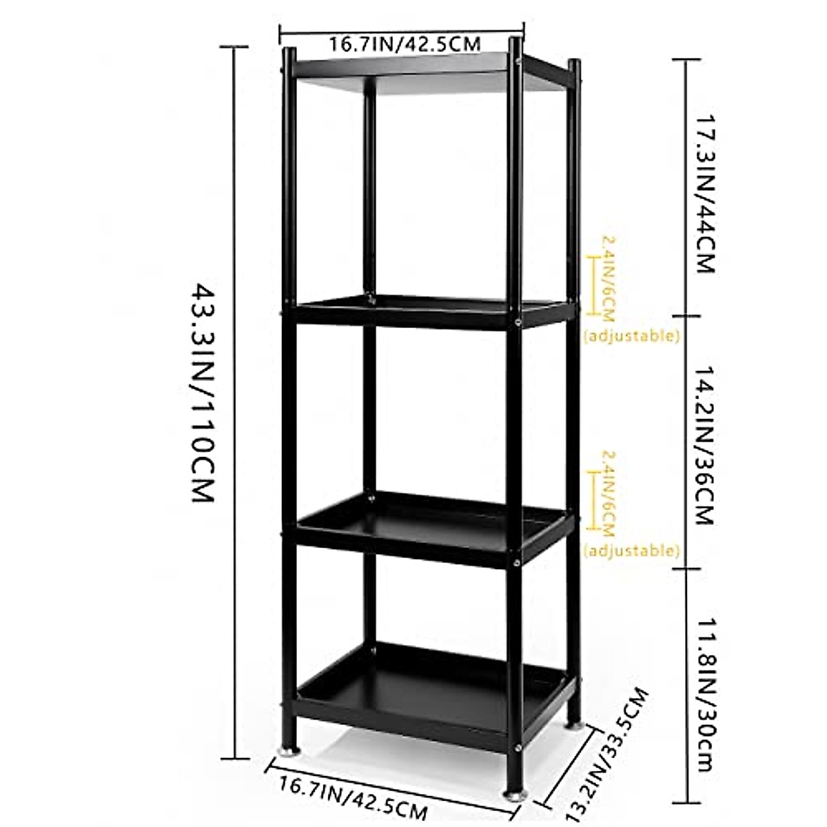 MAGCOLOR Metal Shelving Unit 4 Tier Baked Zinc Stainless Steel Storage Shelves Rack for Kitchen,Laundry Room, Garage or Office Shelving Heavy Duty, 43” H x17.3” W x 16.7” D Black (Unassembled)