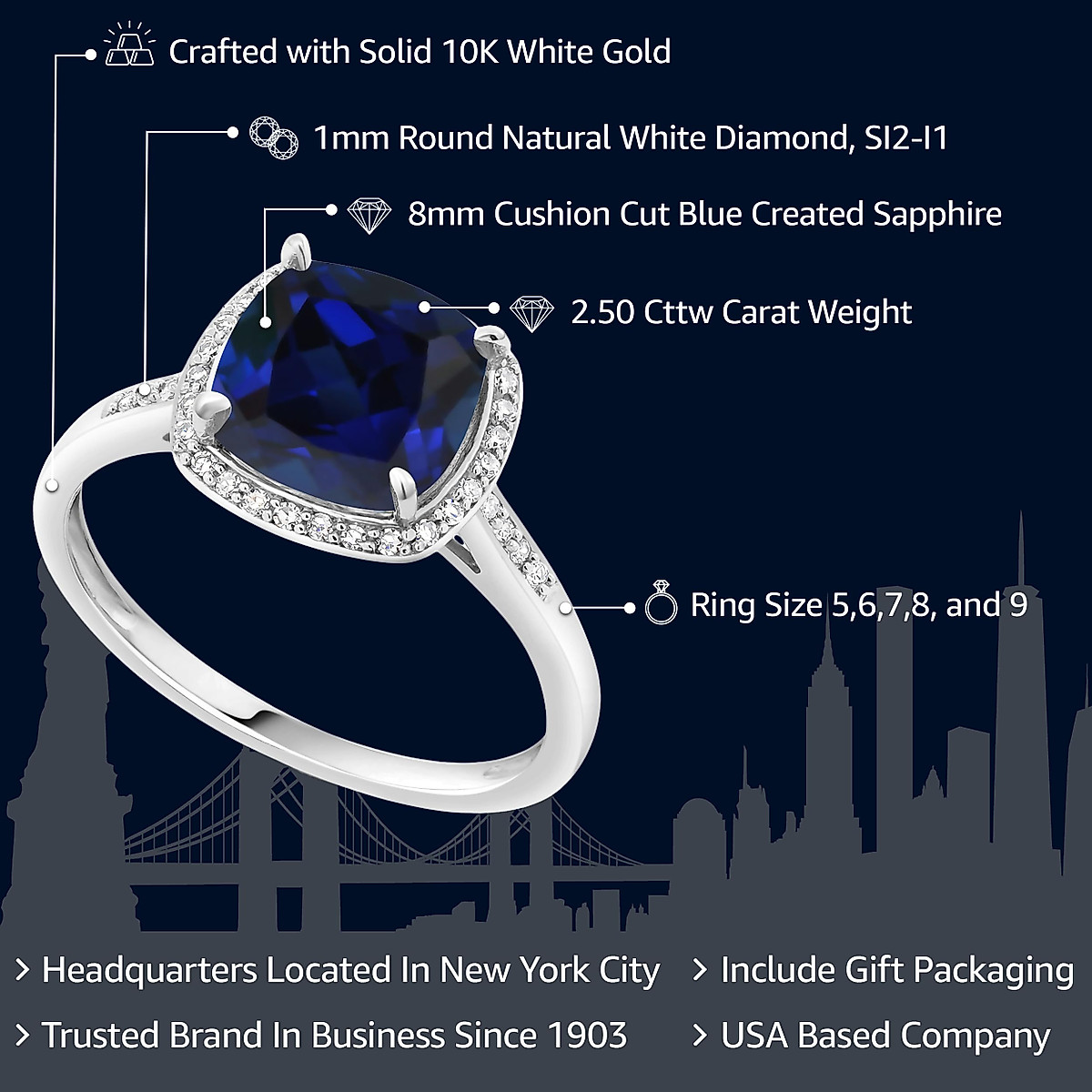 Gem Stone King 10K White Gold Cushion Cut 8MM Birthstone and Accent Diamonds Halo Engagement Ring For Women|Wedding Anniversary Promise Available In Size 5, 6, 7, 8, 9 (Created Sapphire, September,8)
