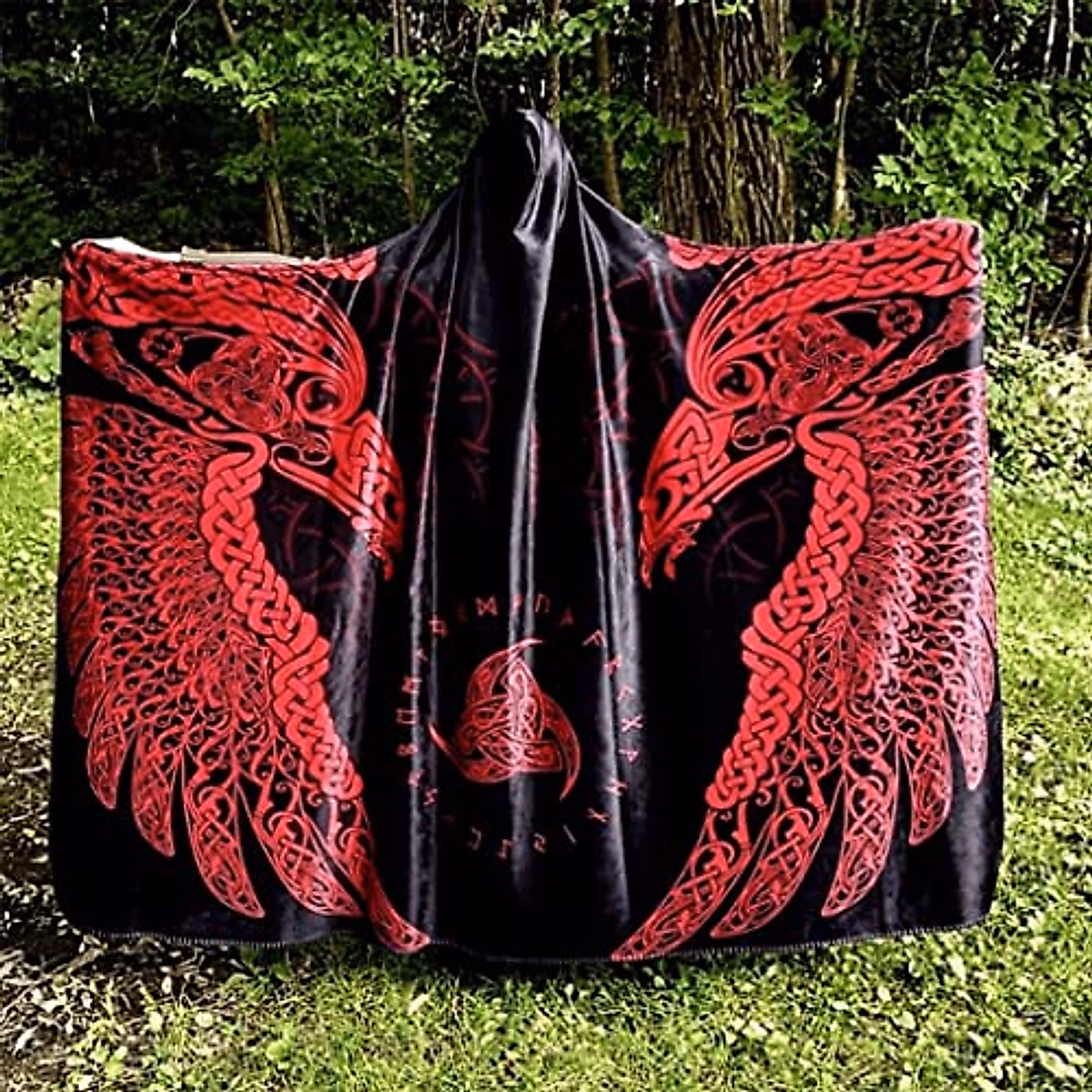 URGAID Norse Viking Odin's Raven Totem Hooded Blanket, Wearable Soft Cozy Flannel Cloak, Home Leisure Sofa Bedding Wrap Cape (Color : Red, Size : 150 x 200CM)