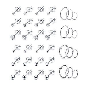 MILACOLATO 18 Pairs Small Tiny Stud Hoop Earrings for Women 14K White Good Plated Stainless Steel Earrings Set for Multiple Piercing Hypoallergenic CZ Ball Studs Endless Cartilage Hoops Earrings