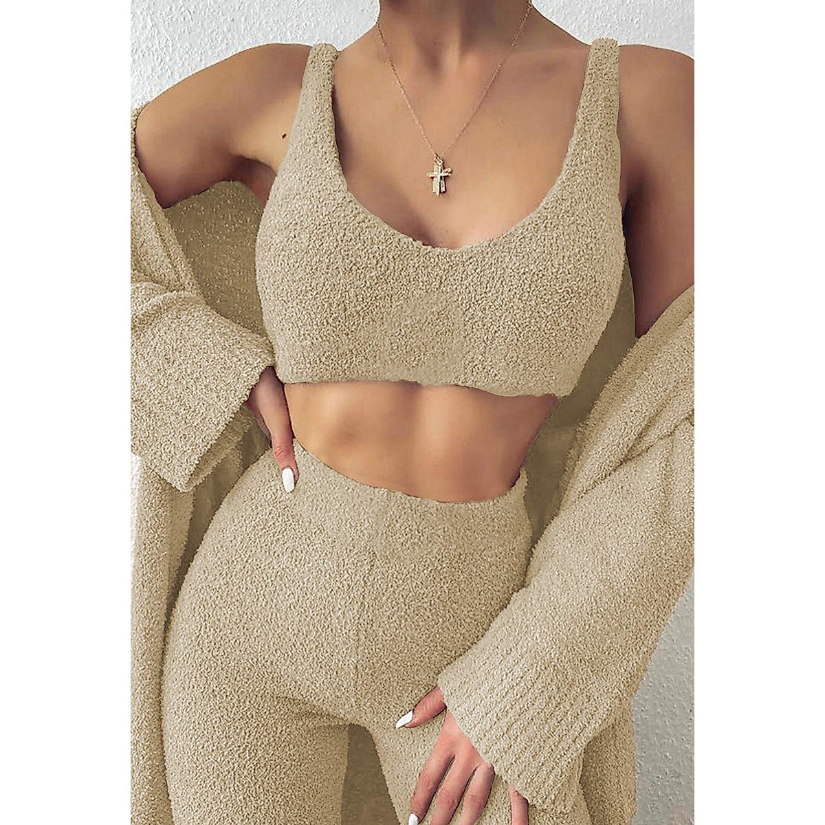 Fixmatti Women 3 Pcs PJ Outfit Set Crop Tops Pants and Open Front Cardigan Tracksuit Lounge Set Camel S