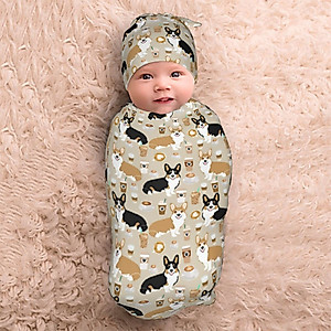 Corgi Newborn Swaddle Blanket with Hat Set Baby Stuff Receiving Blankets Soft Transition Sleep Sacks Gifts for Infant Boys Girls