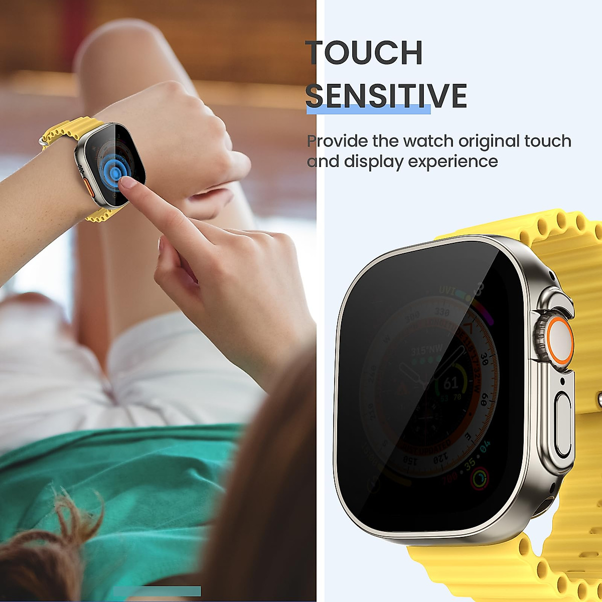 Tensea (2-in-1 for Waterproof Apple Watch Ultra 2/Ultra Screen Protector Case 49mm, iWatch Protective PC Face Cover Built-in Privacy Tempered Glass Film [26° Anti Spy] [360° Full Protection]