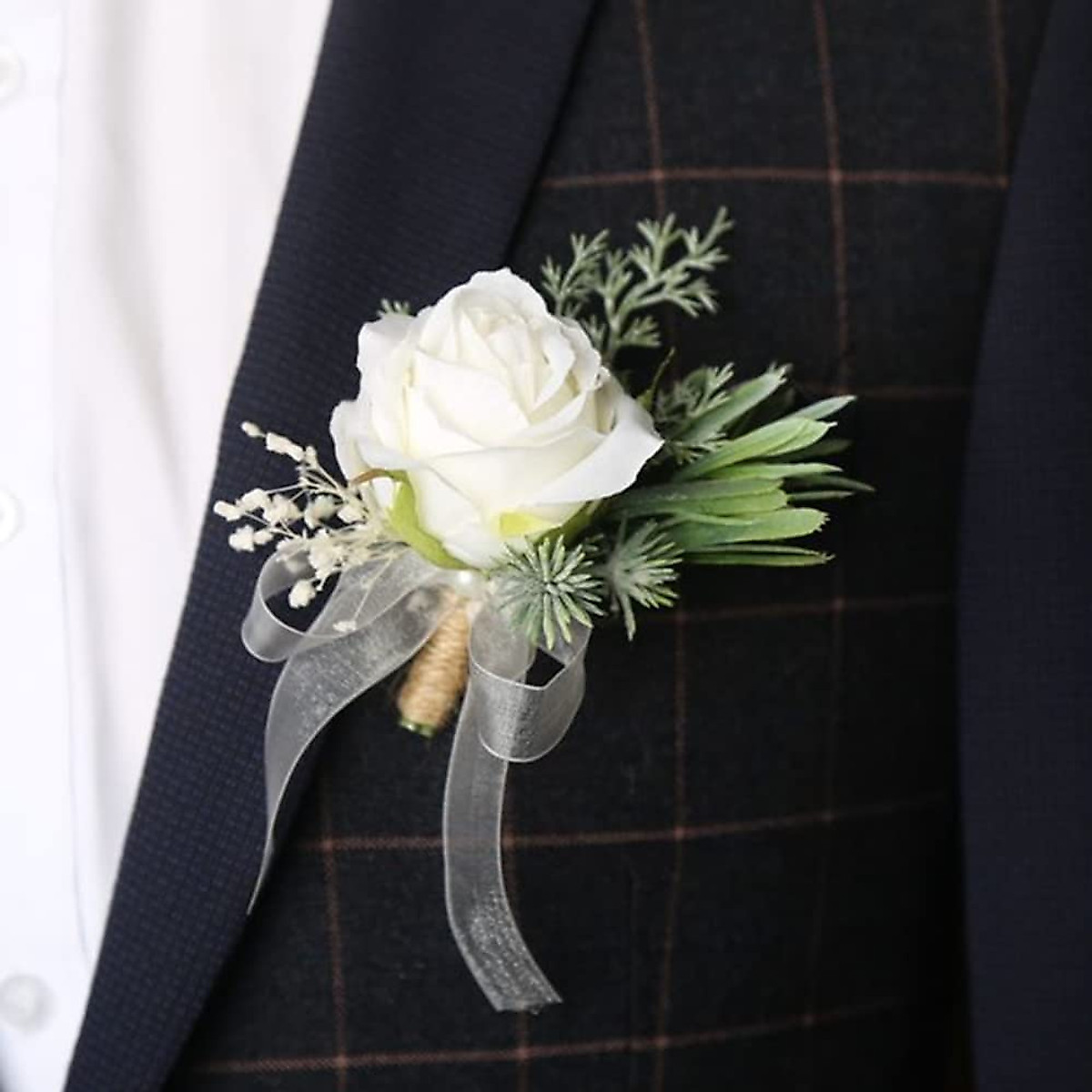 Corsage and Boutonniere Set,2PCS Artificial Rose Wrist Corsage Wristlet,for Wedding Bridal Bridesmaid Wrist Corsage Corsage Ball Decoration (White)