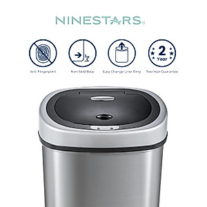 NINESTARS DZT-50-9 Automatic Touchless Infrared Motion Sensor Trash Can, 13 Gal 50L, Stainless Steel Base (Oval, Silver/Black Lid)