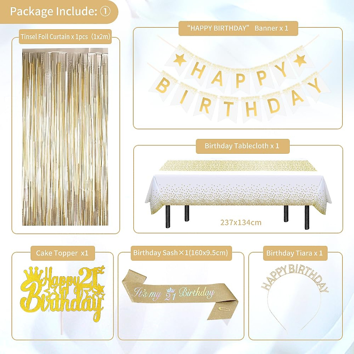 21st Birthday Decorations, White and Gold 21st Birthday Decorations for Her, Happy Birthday Banner Tablecloth Cake Topper Birthday Sash Crown Fringe Curtain Balloons for Girl 21st Birthday Party Decor