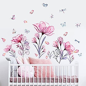 Prabahdak Pink Flowers Wall Decals Removable Butterflies Floral Flowerl Wall Stickers DIY Vinyl Self Adhesive Wall Mural for Nursery TV Background Kids Gilrs Rooms Bedroom Decoration