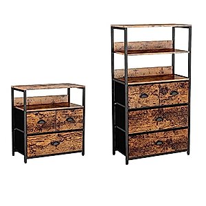 Furologee Vertical 4 Drawer Dresser with Shelves, and 3 Drawer Nightstand, Fabric Storage Tower Unit, Sturdy Metal Frame Furniture,Removable Brown Fabric Bins for Bedroom,entryway,Office