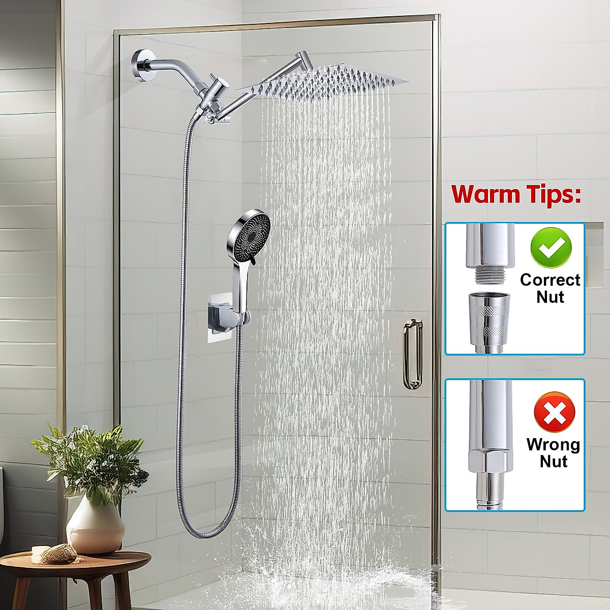 Shower Head,8”Rain Shower Head with Handheld Spray Combo with 11'' Angle Adjustable Extension Arm/Flow Regulator/Shower System,High Pressure Rainfall Shower Head Clean Bathroom,Chrome