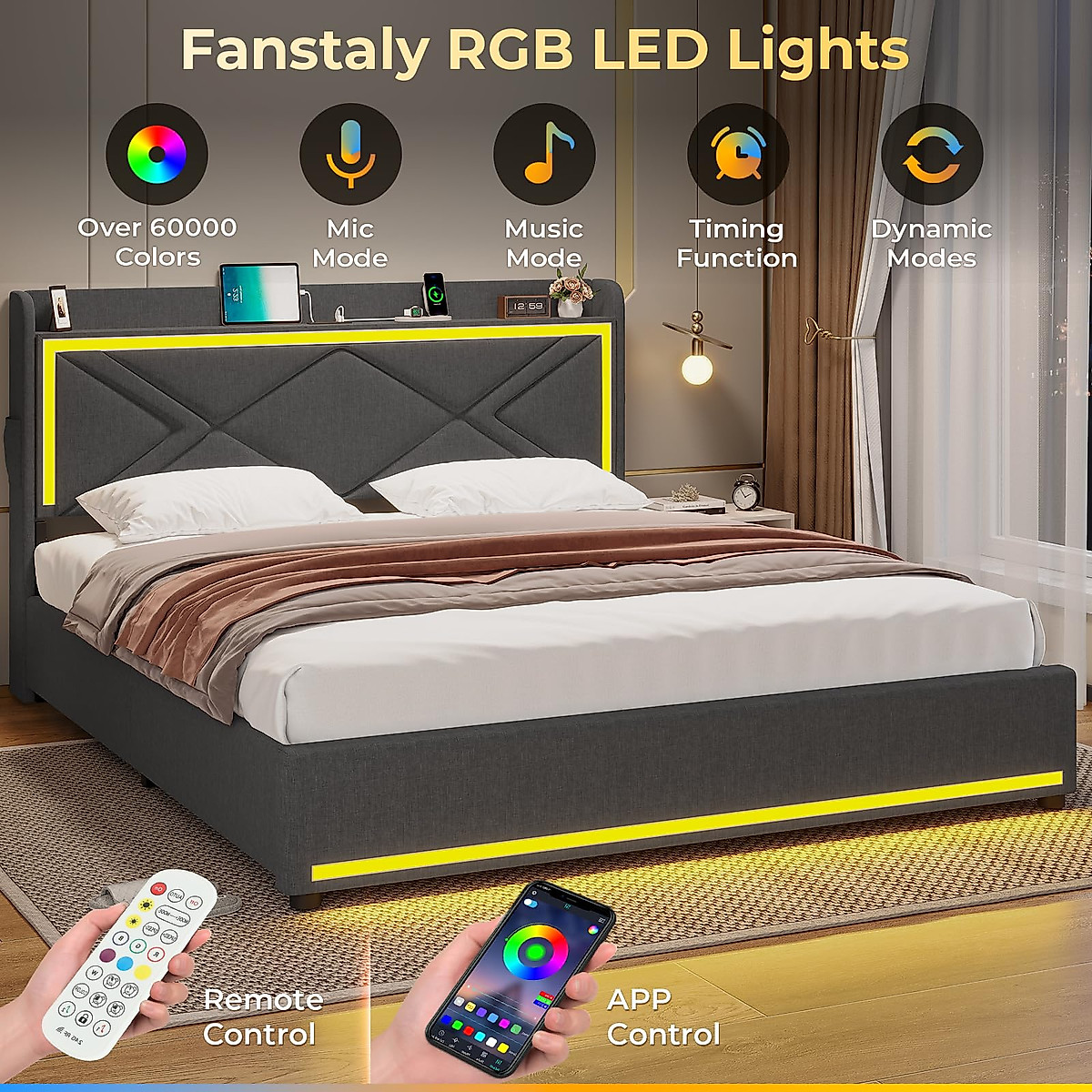 HAUOMS Queen Bed Frame with Stoarge Drawers and LED Lights, Upholstered Platform Bed with Type-C & USB Charging Station, LED Bed Frame Queen with Storage Headboard, No Box Spring Needed, Dark Grey
