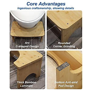 Bamboo Toilet Stool for Adults, 6.5" Poop Stool, Bathroom Toilet Potty Stool with Non-Slip Mat for Adults Children, Original Simple Design Healthy Portable Adult Toilet Poop Stool.(Wood) Healthy Gifts