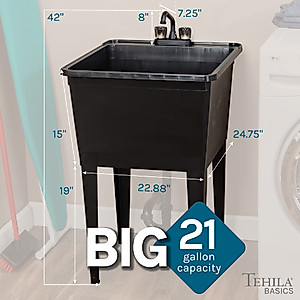 Tehila Basics by JS Jackson Supplies 21-Gallon Black Freestanding Utility Sink with Black 2-Handle Faucet, Heavy Duty Plastic Laundry Tub with Adjustable Legs