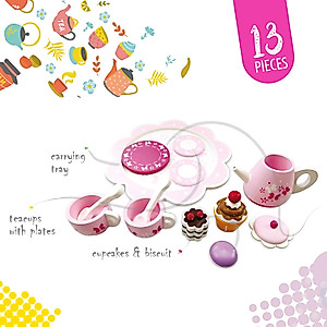 13 Pc Wooden Tea Set Toy - Includes Wood Tea Pot, Carrying Tray, teacups, Cupcakes. Made with Premium Materials - Encourages Pretend Play and Communication Skills - Wooden Toys for Children 3+