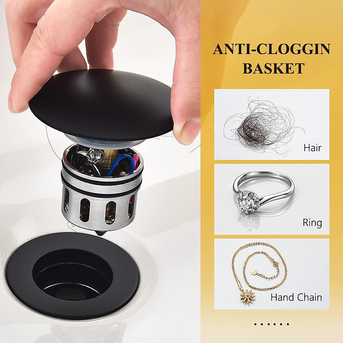 Yodel Faucet Matte Black Bathroom Sink Pop up Drain Stopper with Overflow for Vessel Lavatory Vanity Sink, Included Built-In Anti-Clogging Strainer Basket Hair Catcher