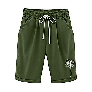 cooki Bermuda Shorts for Women Knee Length High Waisted Summer Lightweight Cotton Shorts Elastic Waist Shorts with Pockets Knee Length Shorts Women Bermuda Shorts for Women High Waisted Army Green