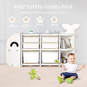 duke baby Kids Small 3 Layer Toy Storage Organizer with 6 Pull-out Storage Bins, Display Bookshelves, Multipurpose Toy Cabinets for Kids Playrooms Bedrooms Age 1-12, Whale Collection White Grey