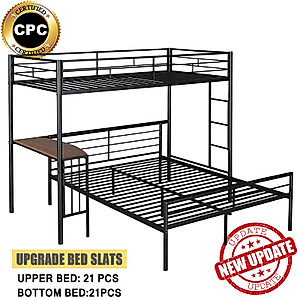 Harper & Bright Designs Metal Bunk Beds Twin Over Full Size,Bunk Beds with Desk, L Shaped Bunk Beds with Built-in Ladder, Full-Length Guardrail, No Box Spring Needed,Black