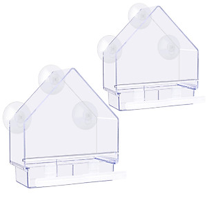 Window Bird Feeder 2 Pack, Bird House for Outside with 2 Rod, Window Bird Feeder with Strong Suction Cups and Removable Seed Tray with Drain Holes