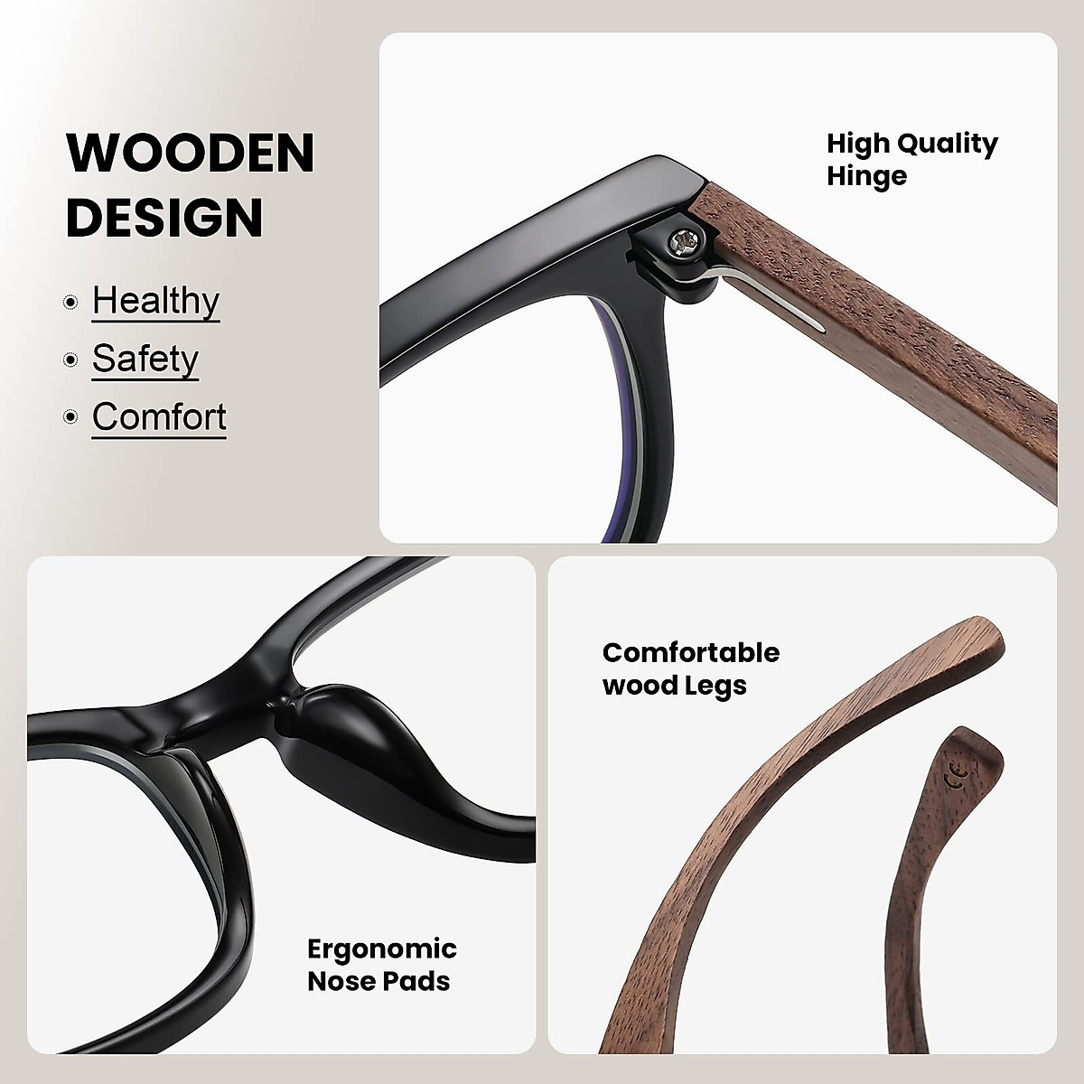 GZWSX Blue Light Blocking Glasses, Computer Reading/Gaming/TV/Phones Glasses for Women Men,Blcak Walnut Wood Glasses