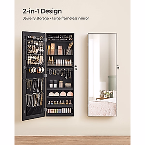 SONGMICS Mirror Jewelry Cabinet Armoire, Wall or Door Mounted Jewelry Storage, Hanging Lockable Frameless with 2 Plastic Cosmetic Organizers, Gift Idea, Black UJJC001B01