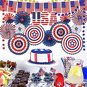 Bulk Patriotic Red White Blue Party Decoration Assortment American USA Flag Banner Star Garland Hanging Paper Fans Hanging Swirl Tissue Paper Pom Poms for 4th of July Independence Day Memorial Day
