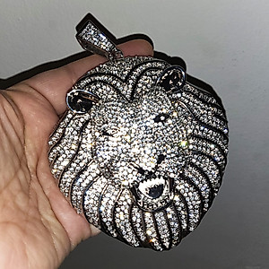 HIP HOP JEWELRY ICED LAB DIAMOND JUMBO SIZE LION HEAD BLING RAPPER CHARM PENDANT (SILVER)