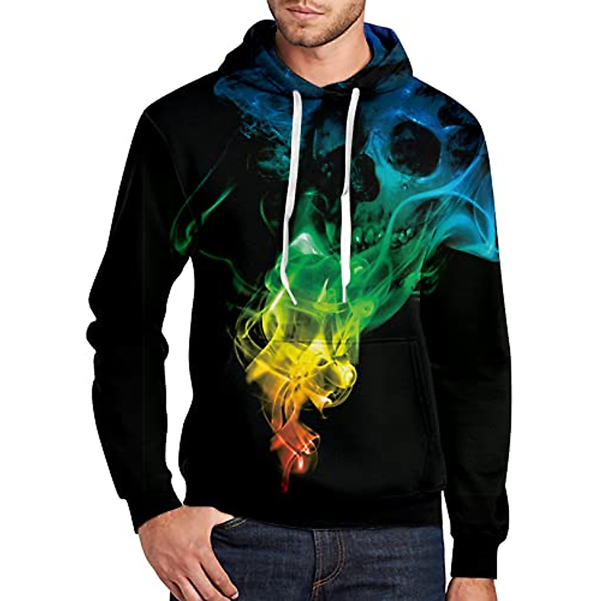 RAISEVERN Mens Skeleton Hoodie Halloween Long Sleeve Fleece Skull Graphic Hoodie Funny Hooded Sweatshirt Women Cool Novelty 3D Printed Colorful Smoke Unisex Drawstring Pullover Hoodies with Pockets