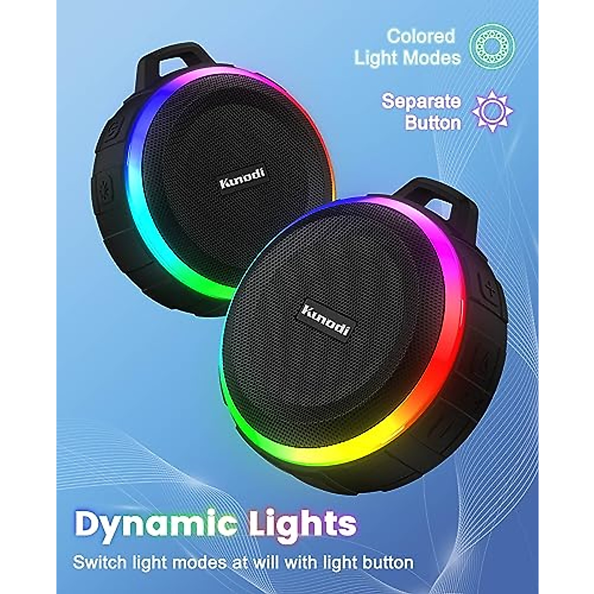 Kunodi Bluetooth Shower Speaker with IPX7 Waterproof, Dynamic Lights, Crisp Clear Sound, True Wireless Stereo, Clip Portable for Pool Beach Boat Kayak Float Golf