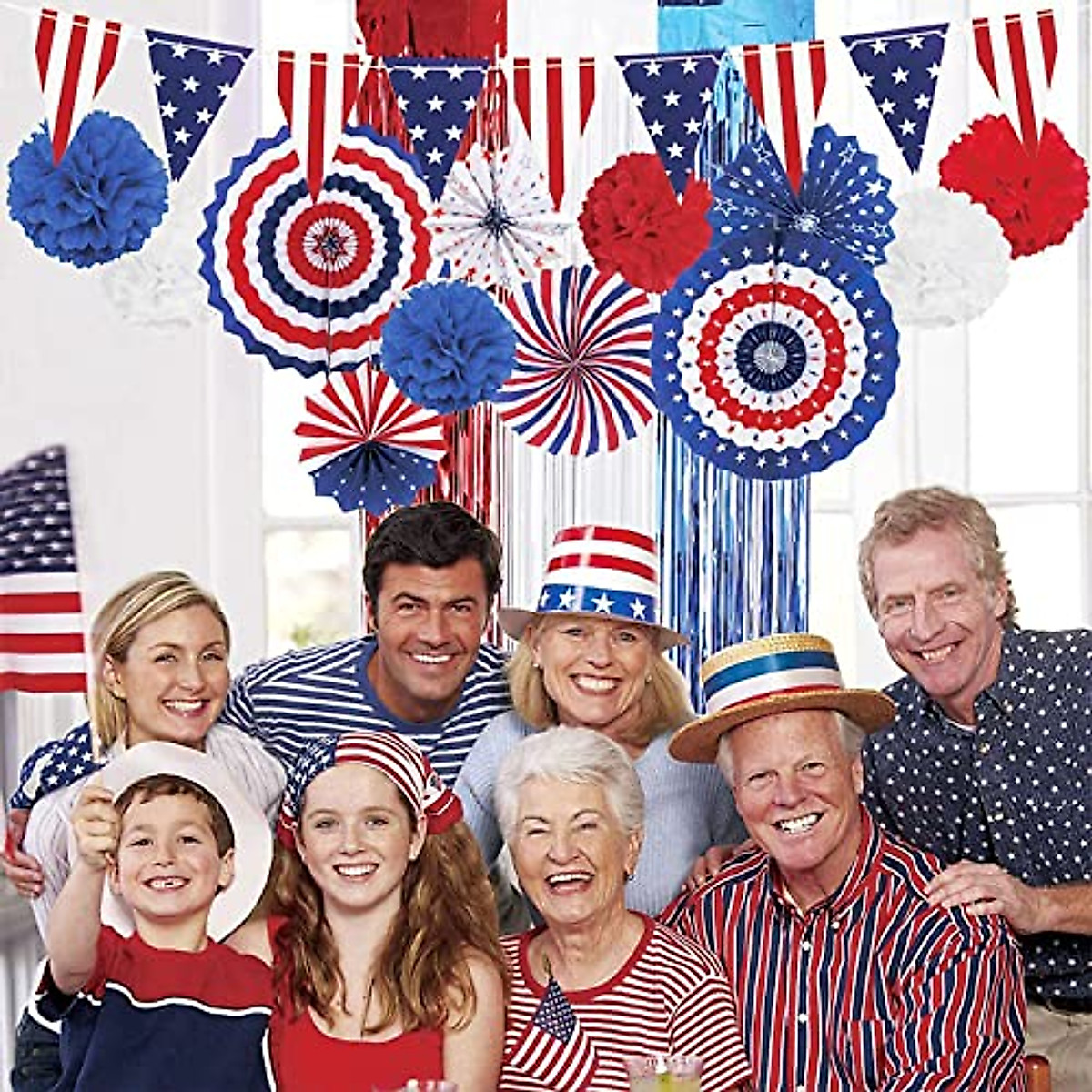 4th of July Party Decorations, Star Streamer, Independence Day American Flag Hanging Paper Fans, Foil Fringe Curtain, Pompoms Flowers Balloons for Patriotic Party Decorations Set